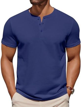 Coofandy Henley T-shirt &agrave; manches courtes pour homme d&eacute;contract&eacute; basique T-shirt Henley T-shirt d&eacute;t&eacute; boutonn&eacute; l&eacute;ger T-shirt extensible, Bleu marine, S