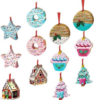 Generico Wooden Christmas Ornaments, 24 St&uuml;ck, leicht zu montieren, Feiertagsdekoration, 2D Double-Sided Printing Donut Cake Exquisite Christmas Tree Decoratio