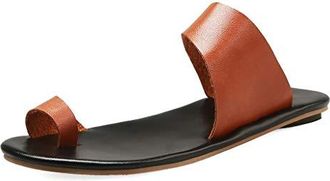 Generic Tongs pour femme avec sangle en cuir - Sandales plates de couleur unie - Sandales plates &agrave; bout ouvert - Chaussures de marche d&eacute;contract&eacute;es - Chaussur