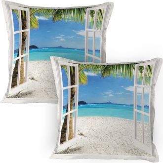 Abakuhaus Türkis Kissenbezug Packung mit 2, Exotische Palmen auf Insel Ozean Strand durch Weiße Hölzerne Fenster Muster, Dekorativer Standard Gedruckter Kissenb