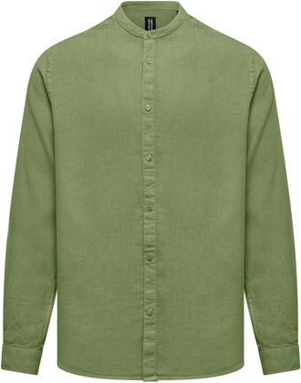 Bomboogie Homme, Chemises, Vert, Taille: S Chemise en lin &agrave; col mandarin