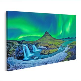 Islandburner Bild auf Leinwand Polarlichter &Uuml;ber Wasserfall Und Berg Bilder Wandbilder Poster
