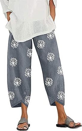 Minetom Femmes Pantalon Large Jambe Été Sarouel Pantalon Léger Taille Élastique Pantacourt avec Poches Casual Imprimé Jogging Sport Pants 7/8 Longueur F Gris 