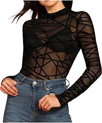 Onsoyours T-Shirt Femme Mesh Blouse Sexy Transparente Tops Moulant &agrave; Manches Longues Clubwear Haut en Maille Soir&eacute;e Elastique Chemise Tulle Tee Shirt F Noir XXL