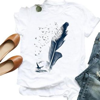 Keephen Bohemian Plume Papillon Impression 3D Femmes T-Shirt Casual &Eacute;t&eacute; Boho Tops Col Rond L&acirc;che Manches Courtes Blouses Tunique