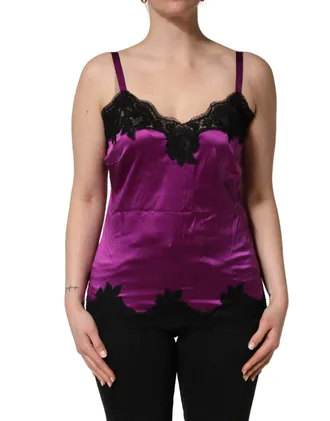 Dolce & Gabbana Womens Purple Silk Lace Trim Camisole Sleeveless Tank Top And Black Cotton Elastane Nylon