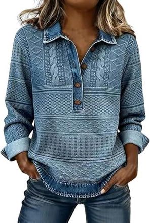 Generic Sweatshirt patchwork en denim pour femme - Imprim&eacute; l&eacute;opard - Pull boutonn&eacute; - Col en V - Tendance - Couture tendance - Chemise en jean - Pour sortir, b