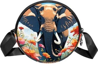 Generic Petit sac &agrave; bandouli&egrave;re rond pour femme, motif &eacute;l&eacute;phant, fleur d&eacute;l&eacute;phant avec fermeture &eacute;clair, bretelles r&eacute;glables, sac &agrave; main rond d&eacute;contract&eacute; pour 