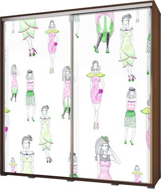 Selsey Fashion - Kleiderschrank 2-t&uuml;rig mit Schiebet&uuml;ren und Zeichenfiguren-Motiv 205cm (Korpus in Holzoptik/Pflaume)