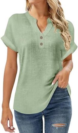 Generic Haut en coton et lin pour femme - Tunique enroulable &agrave; manches courtes - Grande taille - Col Henley - Avec bouton - Col en V - Coupe ample - Pour l&eacute;t&eacute;