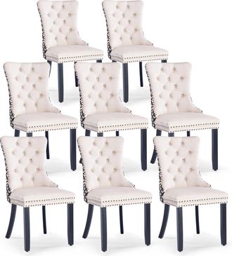 Generic Esszimmerstuhl-Set Aus Leder - Stühle Mit Hoher Rückenlehne, Knopfheftung Und Beinen Aus Massivholz(Wood-White Plaid,8)