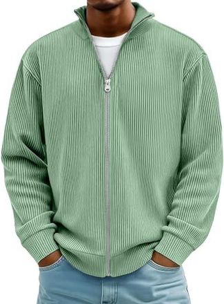 Generic Pull en velours côtelé pour homme avec fermeture éclair intégrale, sweatshirts texturés côtelés à col montant et fermeture éclair, vestes amples, mode