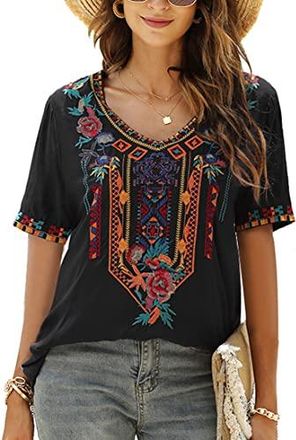JD Williams Femmes T-Shirt Broderie Bohème Chemise Brodée Col V Manches Courtes Tops Blouse Libre Femmes Tops Tunique, Noir-443, 2XL