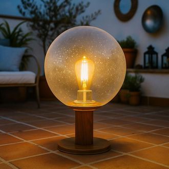 Globo Lighting Garten Au&szlig;enbeleuchtung Sockelleuchte Au&szlig;en E27 Au&szlig;enlampe Stehlampe, Alu Holzoptik Glaskugel, Blasen-Optik, 1x E27 Fassung, DxH 25x38 cm