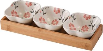 Generic Keramik Servierschalen Set 3er Dip Schälchen mit Bambus Servierplatte, Ideal für Tapas, Antipasti, Sushi,Raclette oder Fondue (GB6003)
