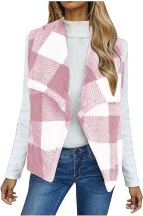 Generic Vestes pour femmes 2026 gilet &agrave; revers imprim&eacute; &eacute;cossais veste sans manches d&eacute;contract&eacute;e chaude hiver v&ecirc;tements dext&eacute;rieur, rose, XXL