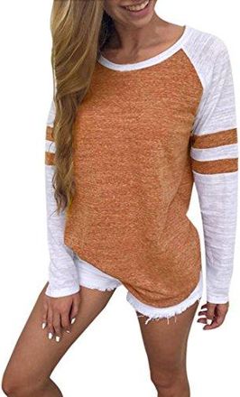 OverDose Casual Blouse Femme Manches Longues, Hiver T-Shirt Rayures Color Block Chemisiers Tops (38, Orange)