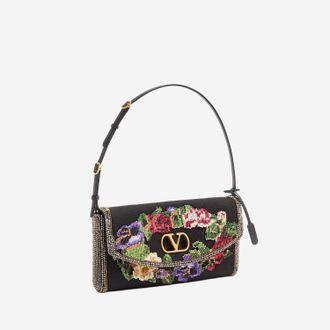 Valentino Garavani Womens Shoulder Bag Loc&ograve; Floral-Embroidered Silk Multicolour