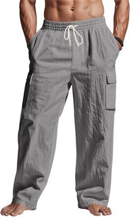 Generic Pantalon de sport en lin pour homme - Pantalon de jogging avec poches multiples - Pantalon en lin avec taille &eacute;lastique - Pantalon de surv&ecirc;tement - Pa