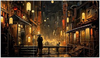 Wallario Herdabdeckplatte/Spritzschutz aus Glas, 3-teilig, 90x52cm mit 13mm hohen Füßen, für Ceran- und Induktionsherde, Neonbeleuchtete Gassen