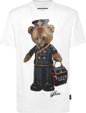 Philipp Plein Homme, Tops, Blanc, Taille: XS T-Shirt Ras du Cou Orn&eacute; dun Ours en Peluche en Pierres