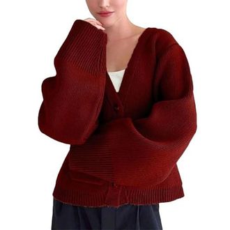 Generic Cardigan en tricot &agrave; manches longues et col en V pour femme, bordeaux, Taille XS