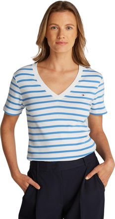 Tommy Hilfiger Damen T-Shirt Kurzarm New Slim Cody V-Ausschnitt, Mehrfarbig (Ecru/Blue Spell STP), XXS