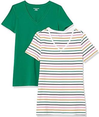 Amazon Essentials T-Shirt Col en V, à Manches Courtes, Coupe Standard Femme, Lot de 2, Blanc Rayures/Vert, XXL