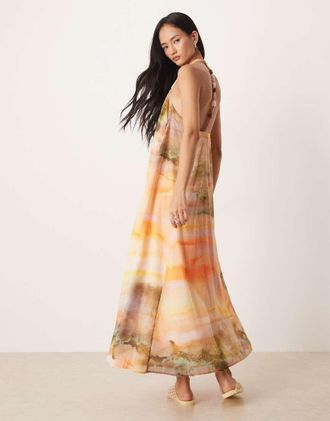 Asos Neckholder-Maxikleid mit Perlendetails und verwaschenem Sonnenuntergangs-Print-Bunt