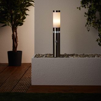 Lightbox Pollerleuchte f&uuml;r den Au&szlig;enbereich - Spritzwassergesch&uuml;tzte Sockelleuchte mit D&auml;mmerungsschalter f&uuml;r LED-Kranz - Stehleuchte mit einstellbarem Bewegun