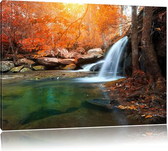 Pixxprint Wasserfall im Wald, Größe: 120x80cm, Leinwandbild, fertig gespannt, Wandbild, Dekoration, Kunstdruck, kein Poster