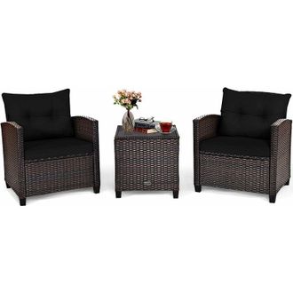 Costway 3tlg. Rattanm&ouml;bel mit 2 Sessel & 1 Beistelltisch, mit Sitz- & R&uuml;ckenkissen, Polyrattan Gartenm&ouml;bel Sitzgarnitur Gartenset inkl. Glasplatte
