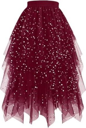 Onsoyours Jupe en Tulle pour Femme - Jupe &agrave; Paillettes - Tutu Bouffante - Midi &Eacute;l&eacute;gante - Costume de Carnaval A Vin Rouge M