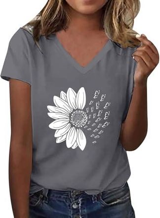 Generic T-shirt pour femme - Col en V - T-shirt d&eacute;t&eacute; &agrave; manches courtes - Haut imprim&eacute; floral - Pour le sport d&eacute;contract&eacute; et les loisirs - Tunique basique - T-