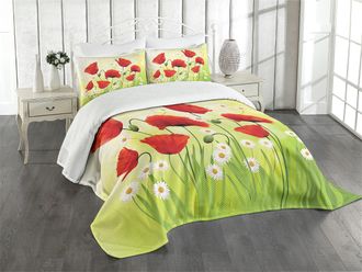 Abakuhaus Mohn Tagesdecke Set, Floral Kamille Mohn, Set mit Kissenbez&uuml;gen luftdurchl&auml;ssig, f&uuml;r Doppelbetten 220 x 220 cm,Orange Lila Blau