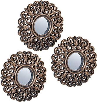 Relaxdays Spiegel 3er Set, barocker Deko-Wandspiegel, Wohnzimmer, Flur, Ø je 25 cm, Kunststoff-Rahmen, Bronze/schwarz