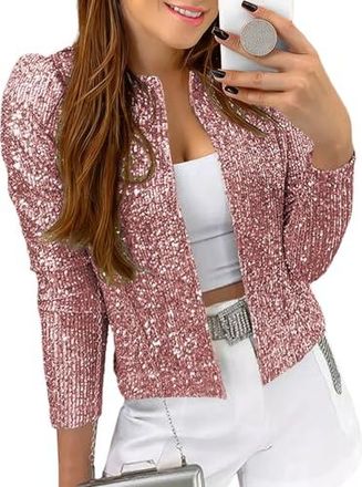 Generic Veste Blazer Femme décontractée Ouverte sur Le Devant, à Paillettes, Manches Longues, Courte, Cardigan
