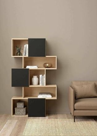 Dmora B&uuml;cherregal Flavie, B&uuml;roregal, Mobiler Buchhalter, B&uuml;cherbrett, 96x32 h166 cm, Eiche und Schwarz