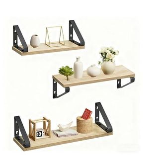 Relaxdays Wandregal, 3er Set, 3 Gr&ouml;&szlig;en: 30, 35, 40 cm Breite, Holzoptik & Metall, Wandbretter f&uuml;r B&uuml;cher & Deko, Natur