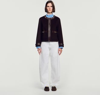 Sandro Manteau court &agrave; d&eacute;tails cuir