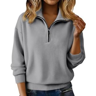 Generic Pull en casmere &agrave; fermeture &eacute;clair 1/4 pour femme - Col montant - Manches longues - Coupe ample - D&eacute;contract&eacute; - Hiver - Confortable, gris, XXL