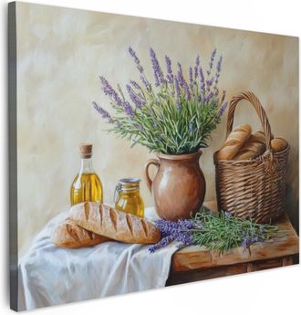 MuchoWow © Leinwand Bilder 80x60 cm Wanddeko Wohnzimmer Aesthetic Room Decor Deko Zimmer Wandbilder Modern Bild auf Leinwand Lavendel - Brot - Stilleben