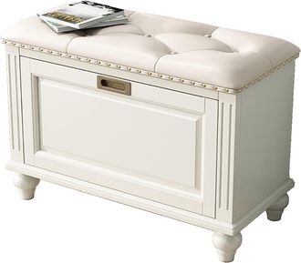 Generic Schuhaufbewahrungsbank Aus Massivholz Mit Kissen, Eingangsbank Mit Klappschublade, Mid-Century Modern Massivholz(White,68x30x50cm(27x12x20inch))