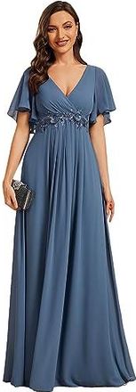 Ever-pretty Robe de T&eacute;moin de Mariage Longue Appliqu&eacute; Col V Manches Courtes Chic Bleu Brume 40