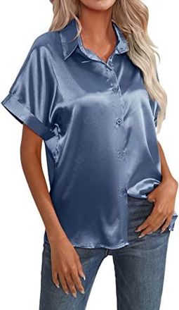 Generic Haut en satin &agrave; manches courtes pour femme - Chemisier en satin pour femme - Chemisier en soie &agrave; manches courtes de couleur unie - &Eacute;l&eacute;gant col en V - 