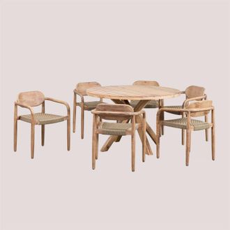Sklum Esszimmergarnitur mit rundem Tisch (&oslash; 120 cm) und 6 Gartenst&uuml;hlen mit Armlehnen aus Holz Naele Braun Weizen - Sklum