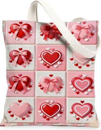 Generic Sacs fourre-tout en toile motif coeur pour la Saint-Valentin, sacs d&eacute;picerie r&eacute;utilisables, chics, l&eacute;gers, lavables, p&ecirc;che, 13x15 Inch