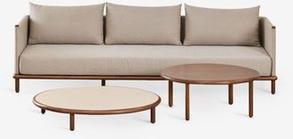 Sklum Wohnzimmerset mit einem 3-Sitzer-Sofa und zwei runden Couchtischen aus Olivia-Akazienholz Grie&szlig;beige - Dunkles Holzbraun - Sklum