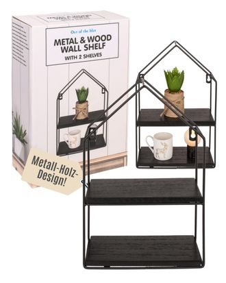 Out of the Blue Metall-Holz-Wandregal mit 2 Ablageb&ouml;den - Industrial-Chic Design - Kompakte Ma&szlig;e 21x31x9,5 cm - Vielseitig f&uuml;r K&uuml;che, Bad, Flur - Perfekt f&uuml;r jedes Zu