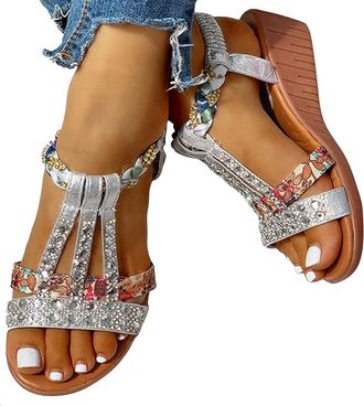 Onsoyours Frauen Sandalen Sommer Boho Offene Schuhe Rom Damen Freizeit Elastischen Kn&ouml;chelriemchen Keilabsatz Sandals Party Sommerschuhe Strandsandalen mit Stra